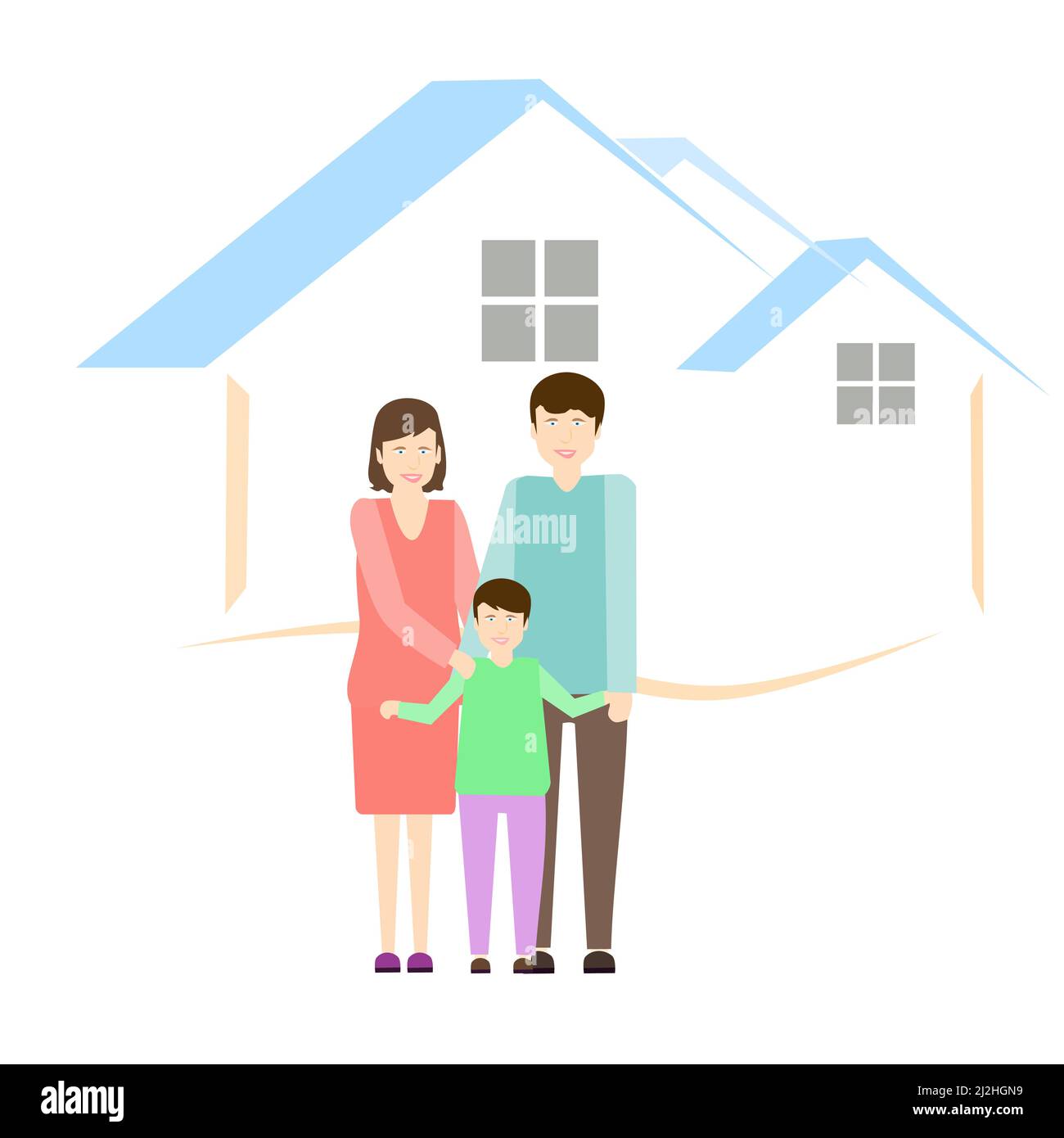 Family, father, son, holding hands in front of the house with white ...