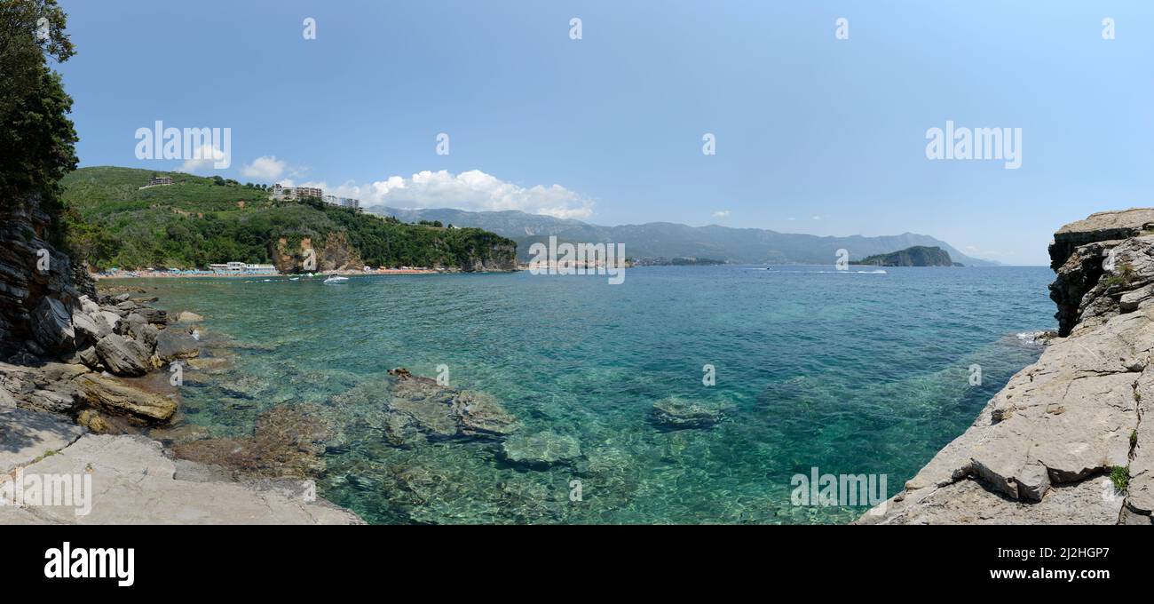 Panoramic view of Budva bay with Mogren beach towards Old Town and ...