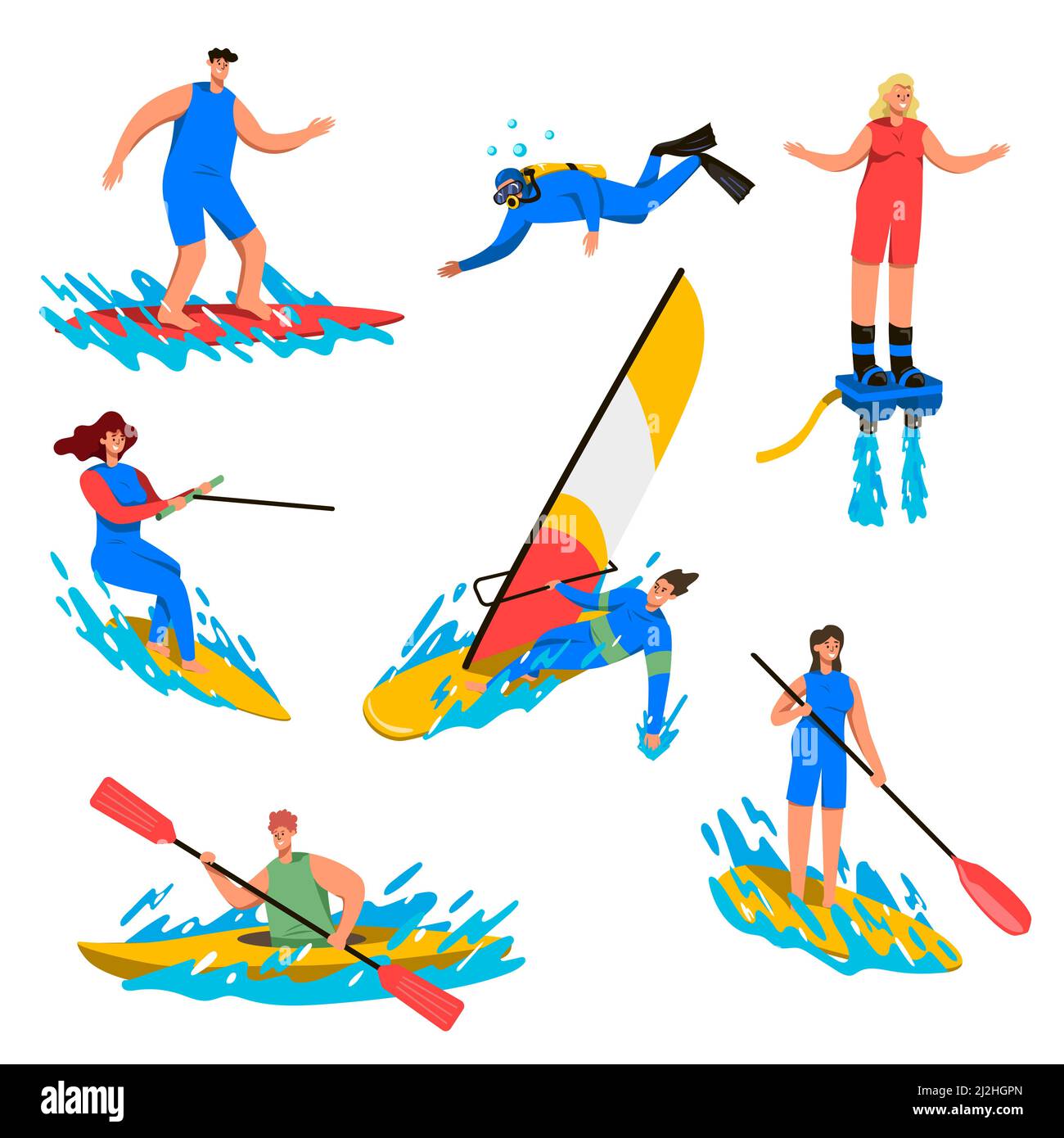 Water sports cartoon vector illustration set. People doing ocean diving ...