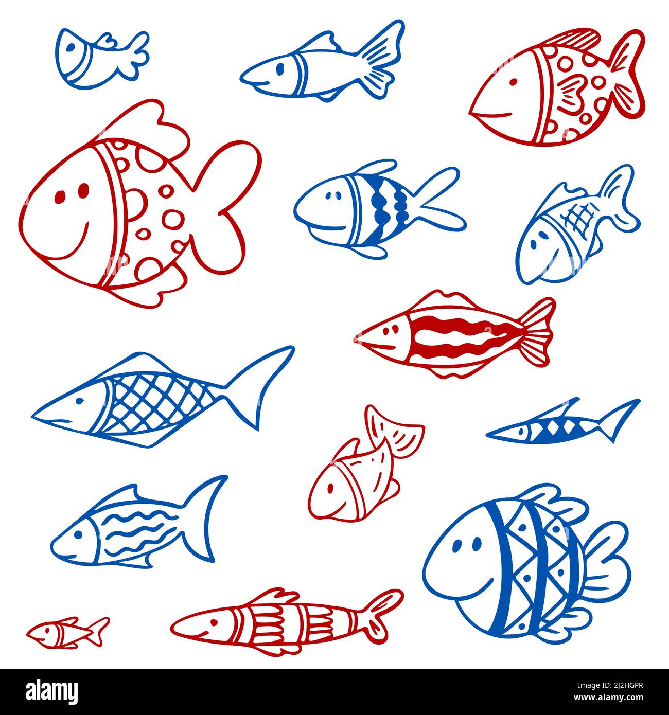 Set of red and blue fishes in doodle ink style. Hand drawn illustration ...