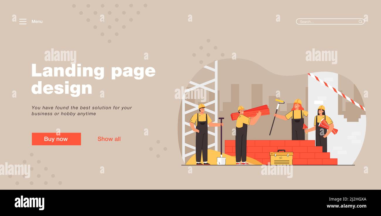 Young cartoon people constructing brick building. Flat vector ...