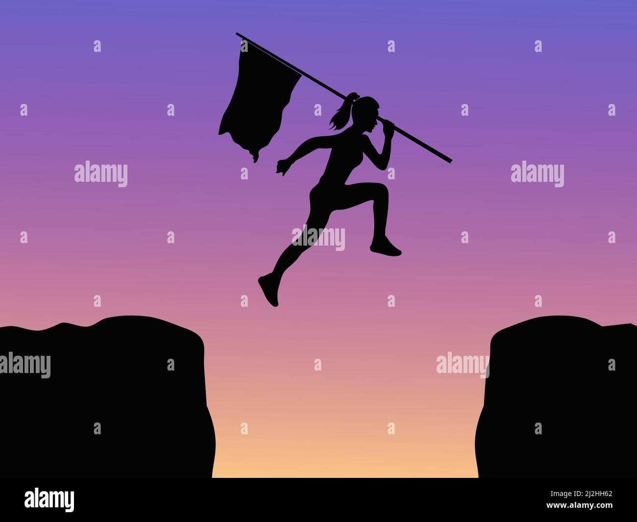 silhouette of a woman holding a flag jumping over a cliff with purple ...