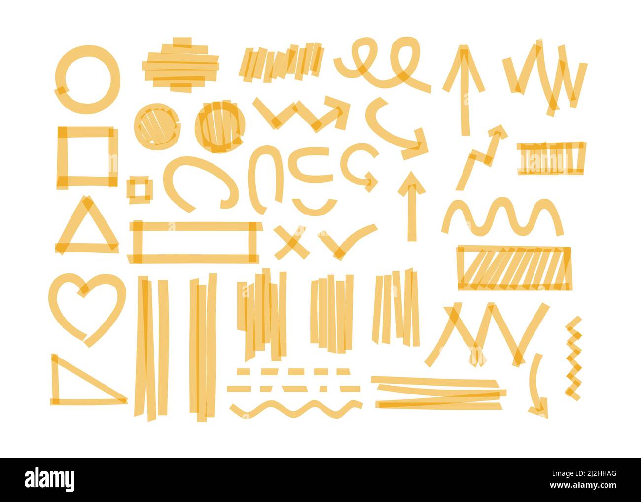 Yellow color markers lines cartoon vector illustration set. Highlight ...