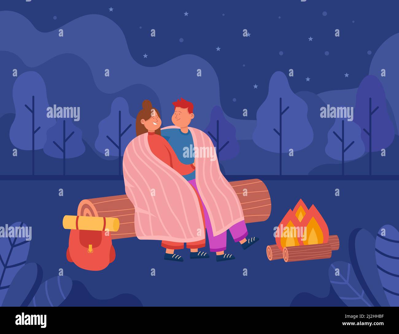 Young couple hugging and looking at night sky in forest. Girl and her ...