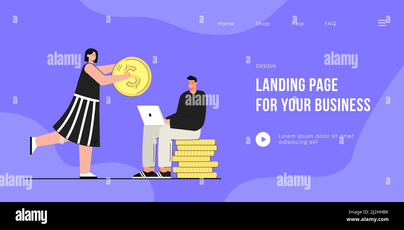 Young woman providing financial support to man with computer. Cartoon ...