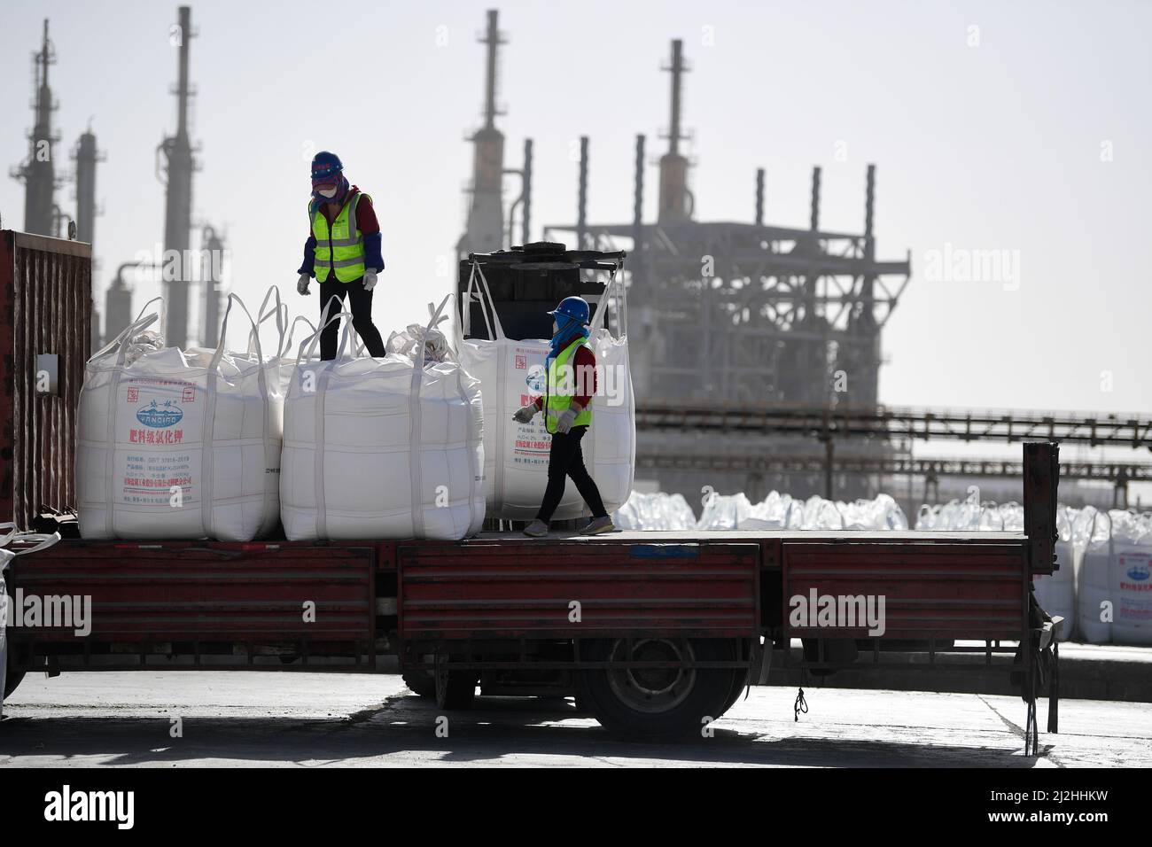 Golmud. 1st Apr, 2022. Staff members load potash fertilizer onto a ...