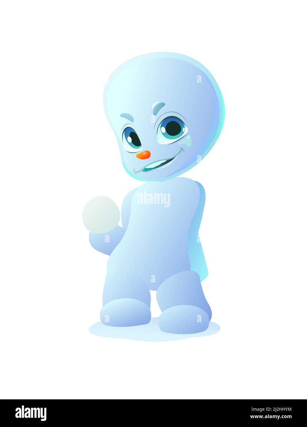 Little snowman thinking of throwing snowball. Cartoon person stands and ...