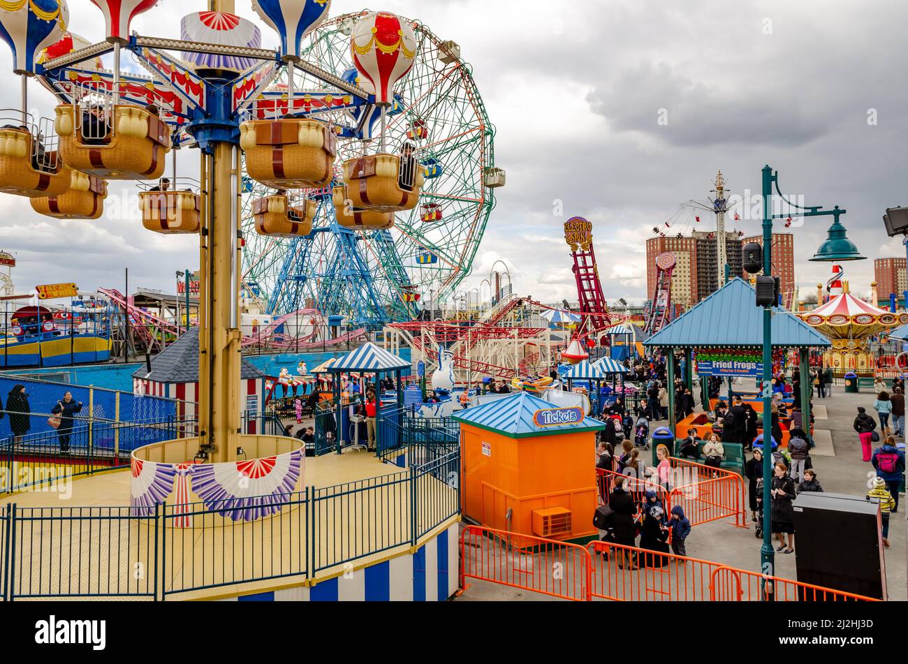 Different Rides at Luna Park Amusement Park, Coney island, aerial view ...