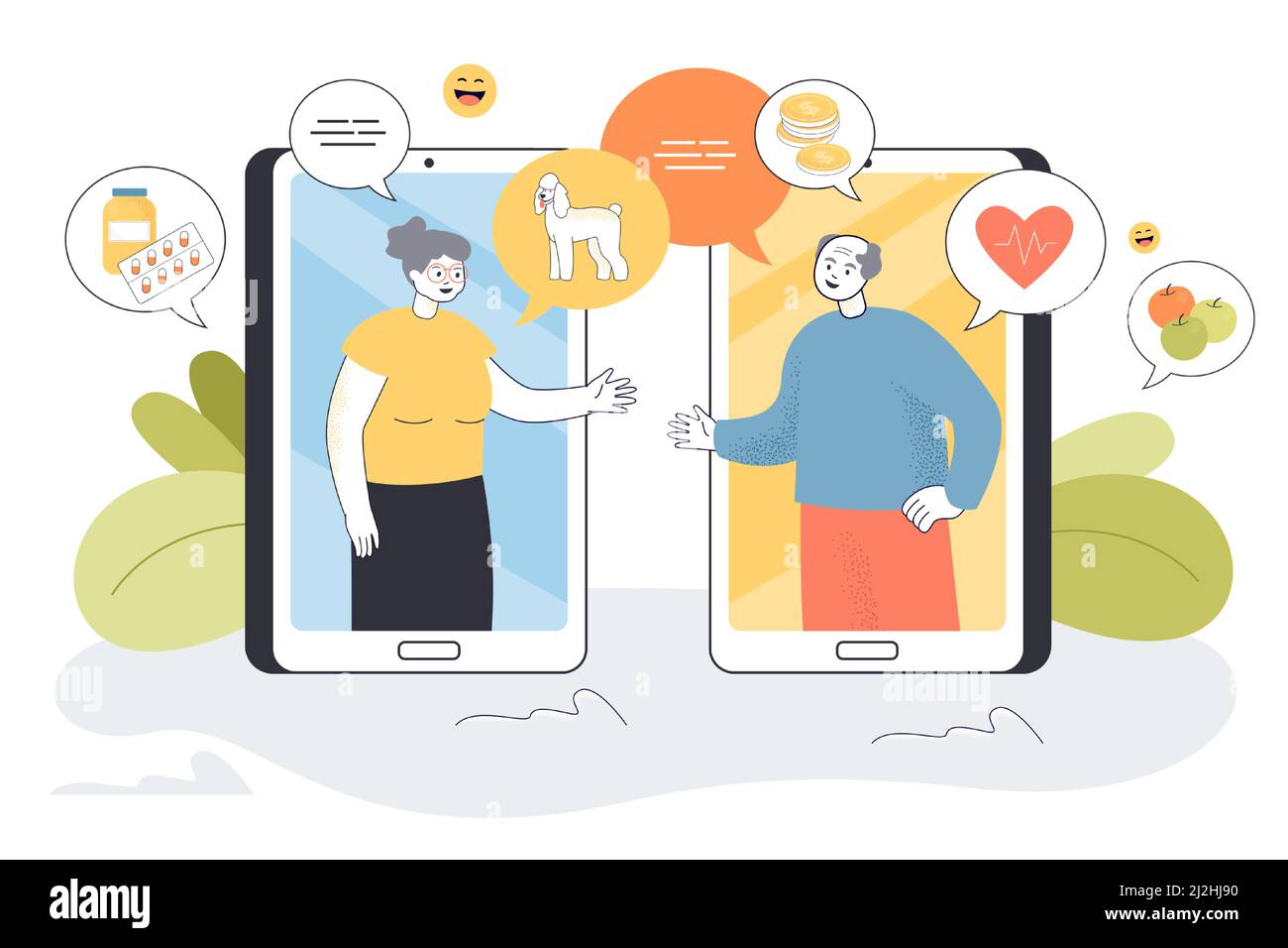 Old man and woman communicating online, using mobile phones. Flat ...