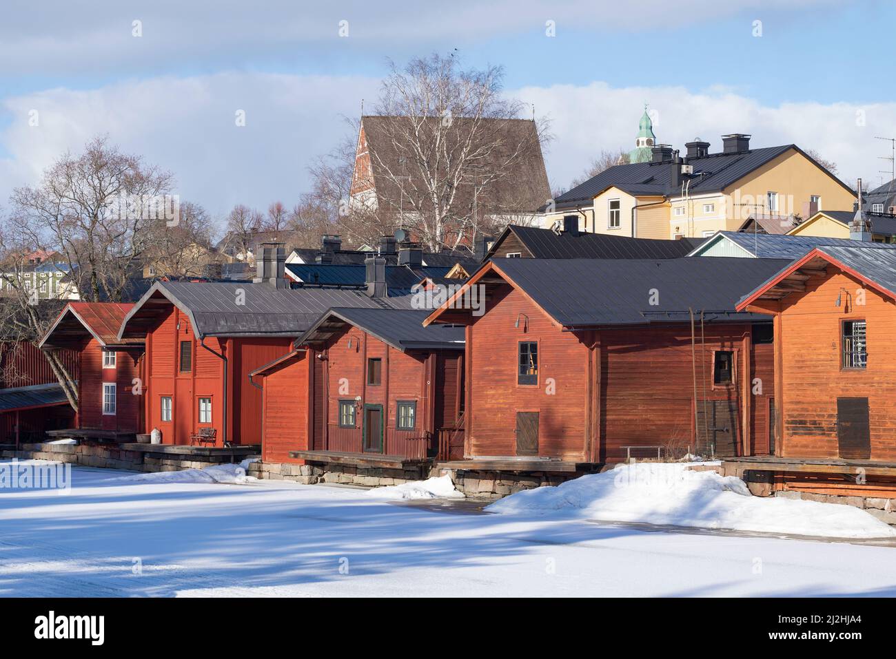 Ancient barns of Porvoo city on a sunny March day. Finland Stock Photo ...