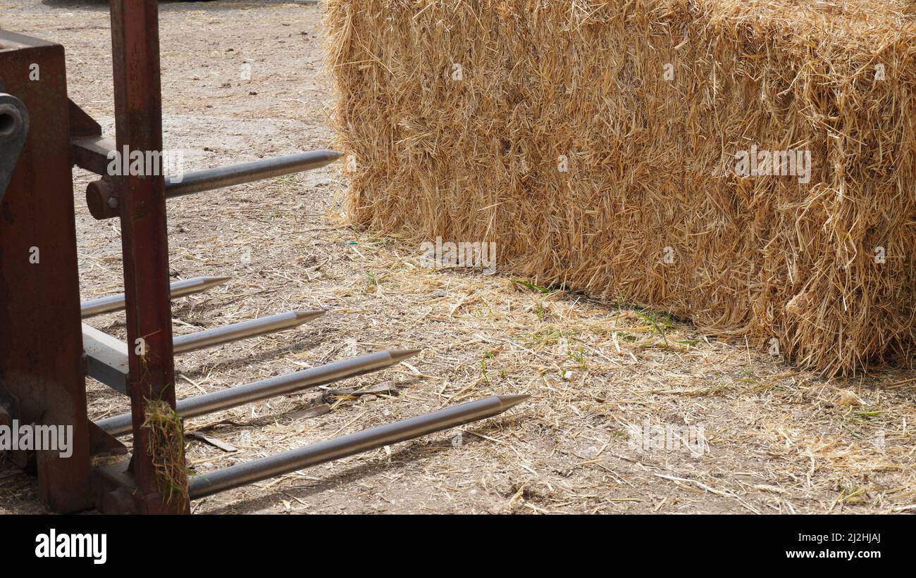 Blades of tractor shovel in front of the barn with hay bales Stock ...