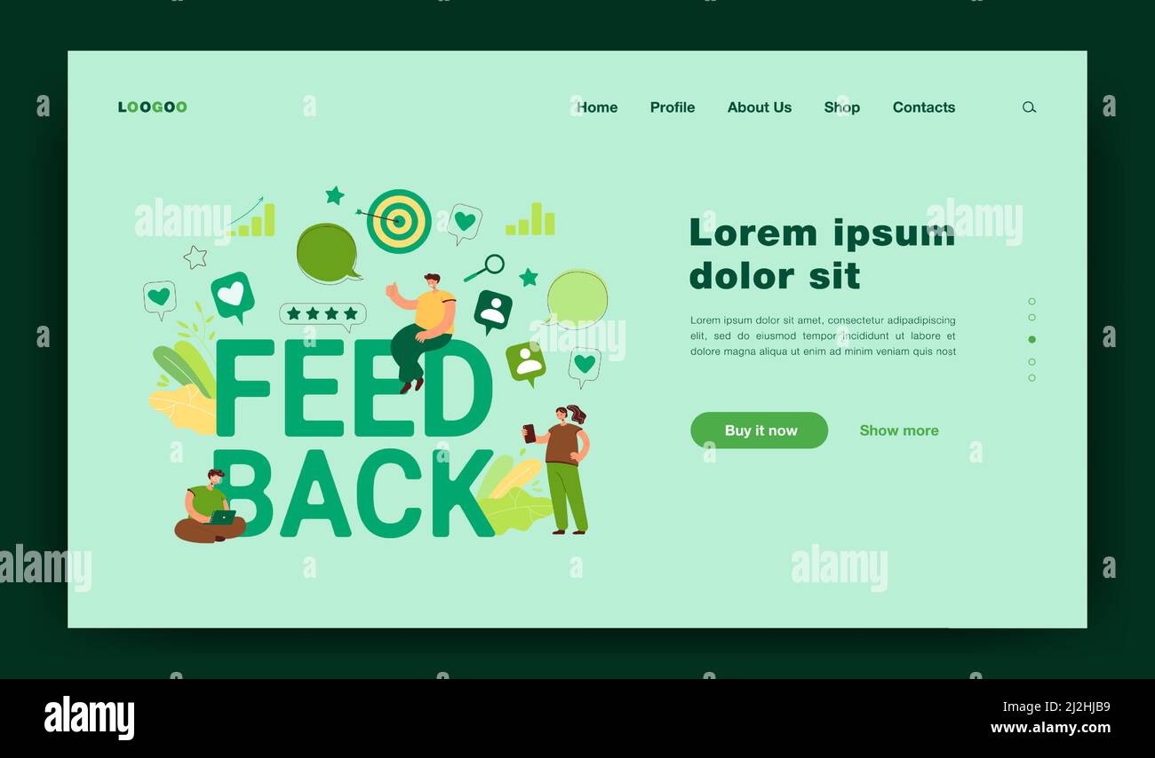 Cartoon tiny people getting or giving feedback online. Flat vector ...