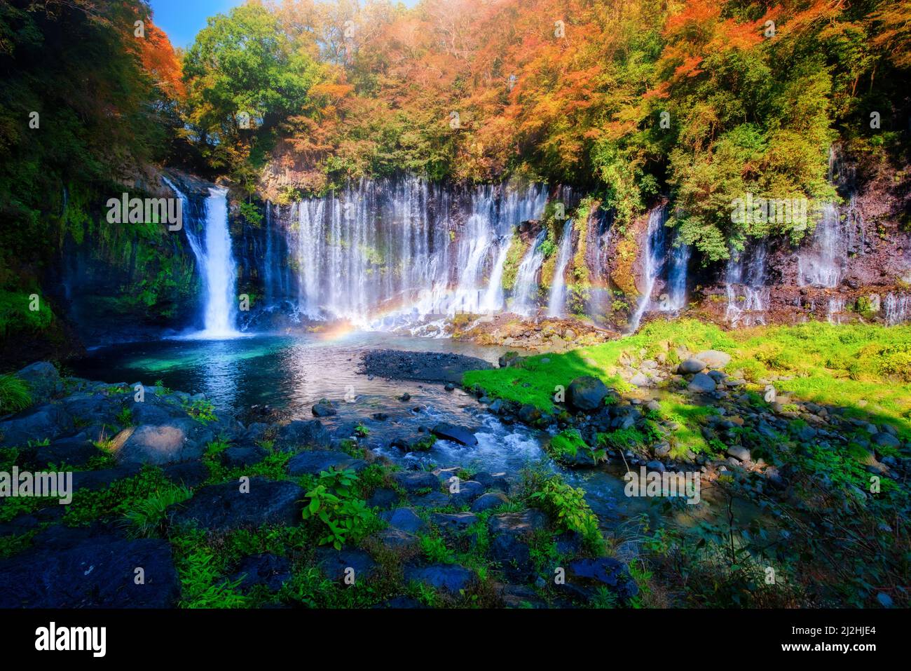 Shiraito Falls with colorful autumn leaf in Fujinomiya, Shizuoka, Japan ...