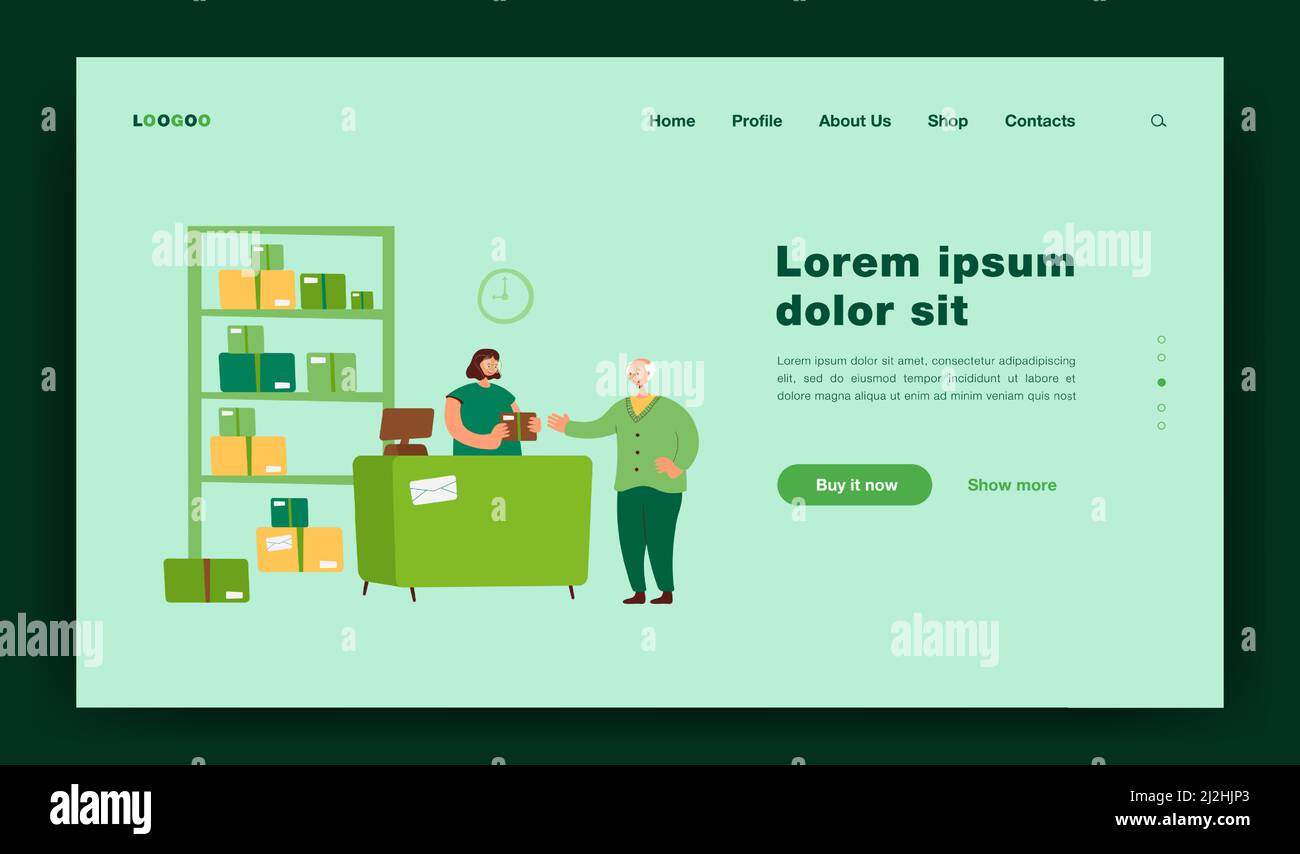 Post office worker giving package to customer. Senior man receiving ...