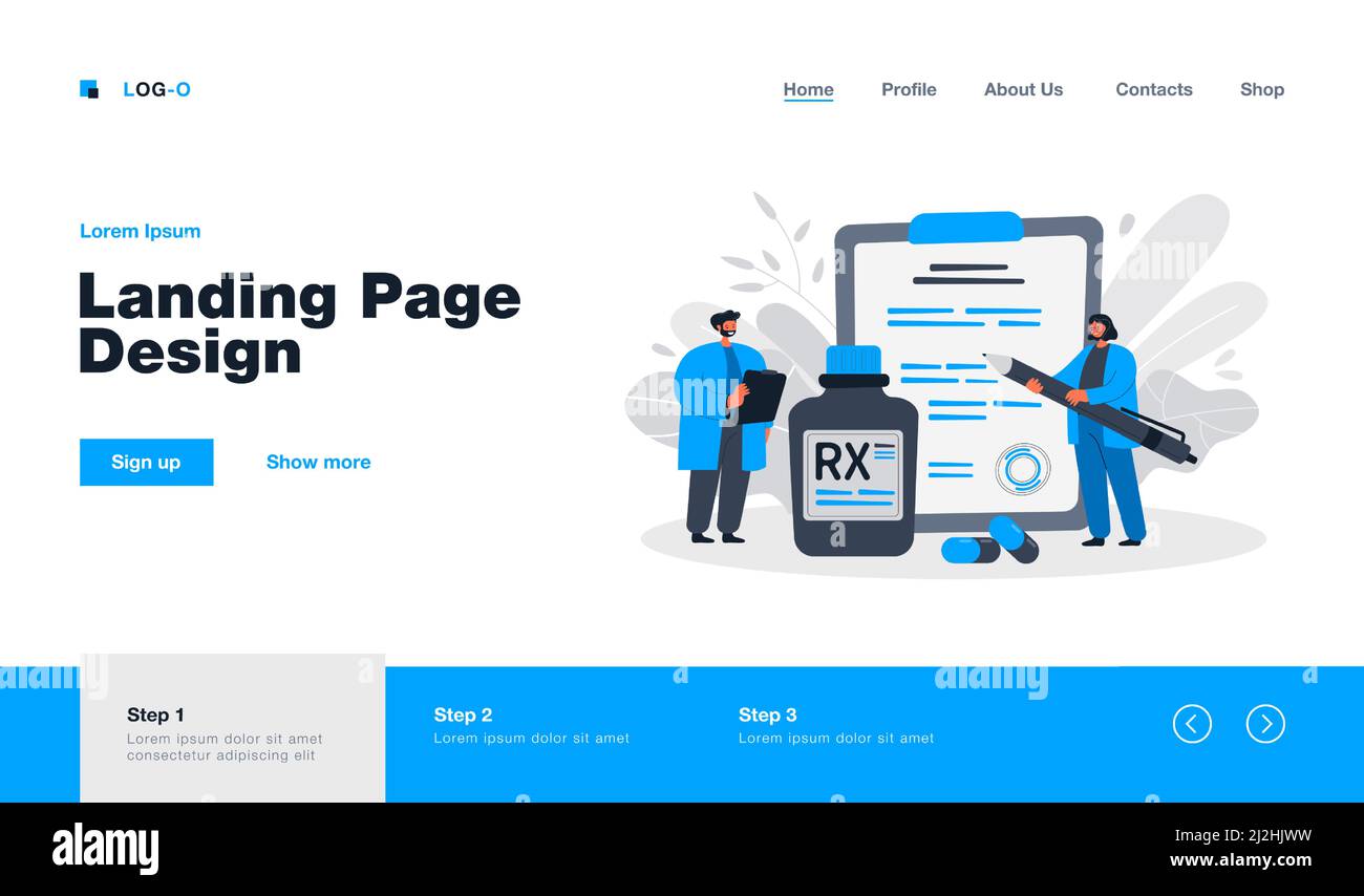 RX prescription flat vector illustration. Cartoon tiny pharmacists ...