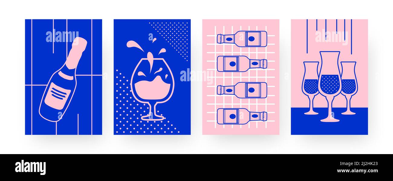 Set of contemporary art posters alcoholic drinks. Glasses, champagne ...