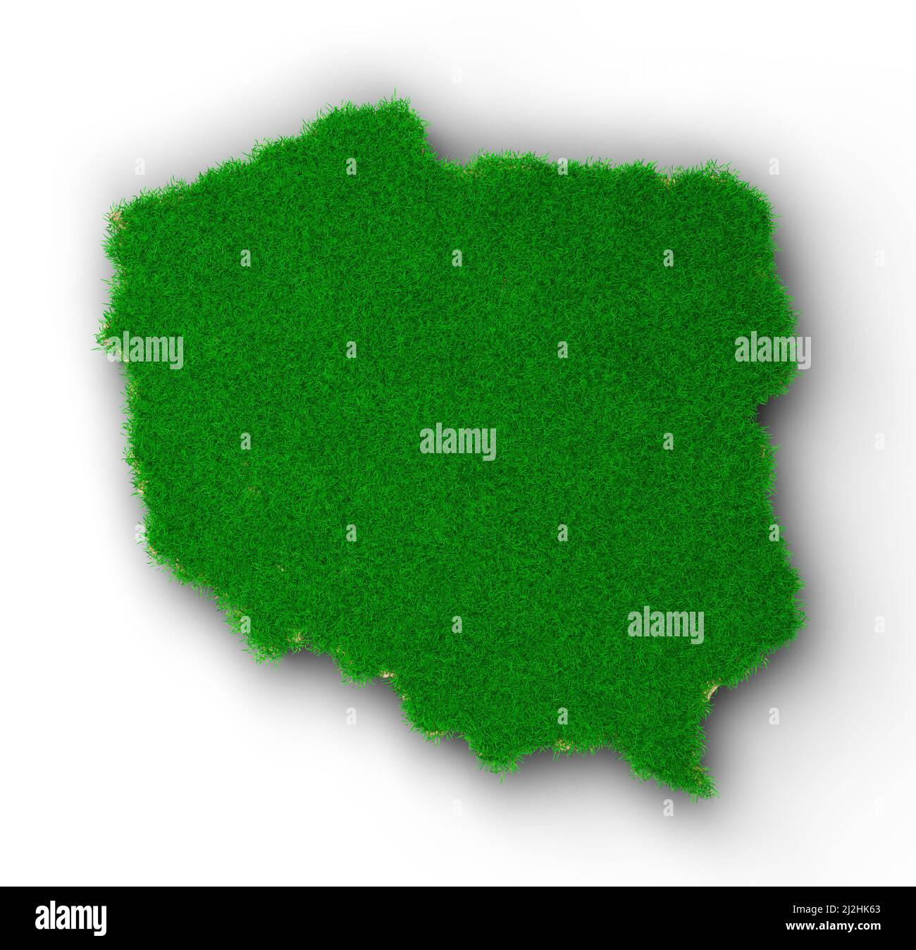 A 3D rendering of the Poland map in grass and rock texture on a white ...