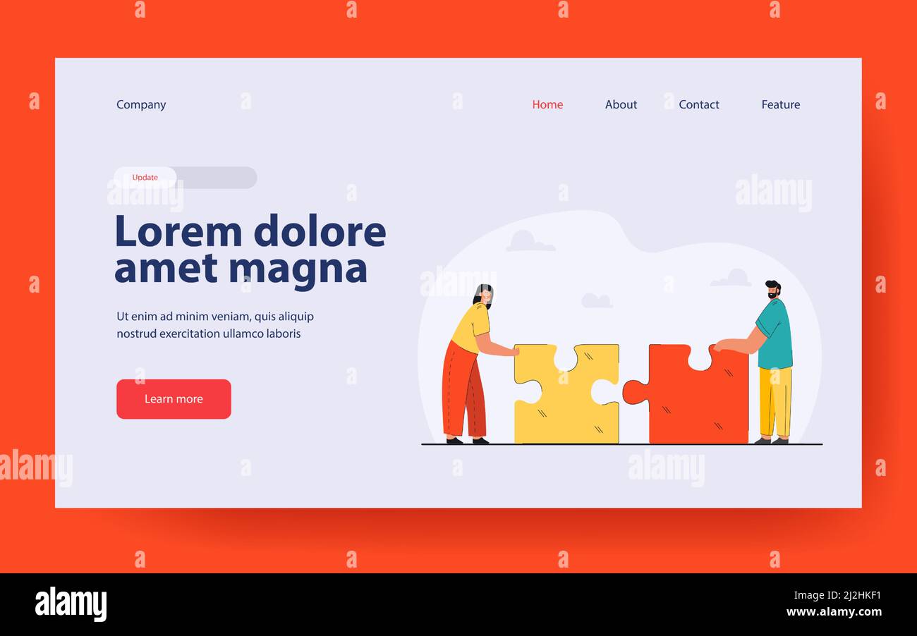 Tiny man and woman putting together giant puzzle. Flat vector ...