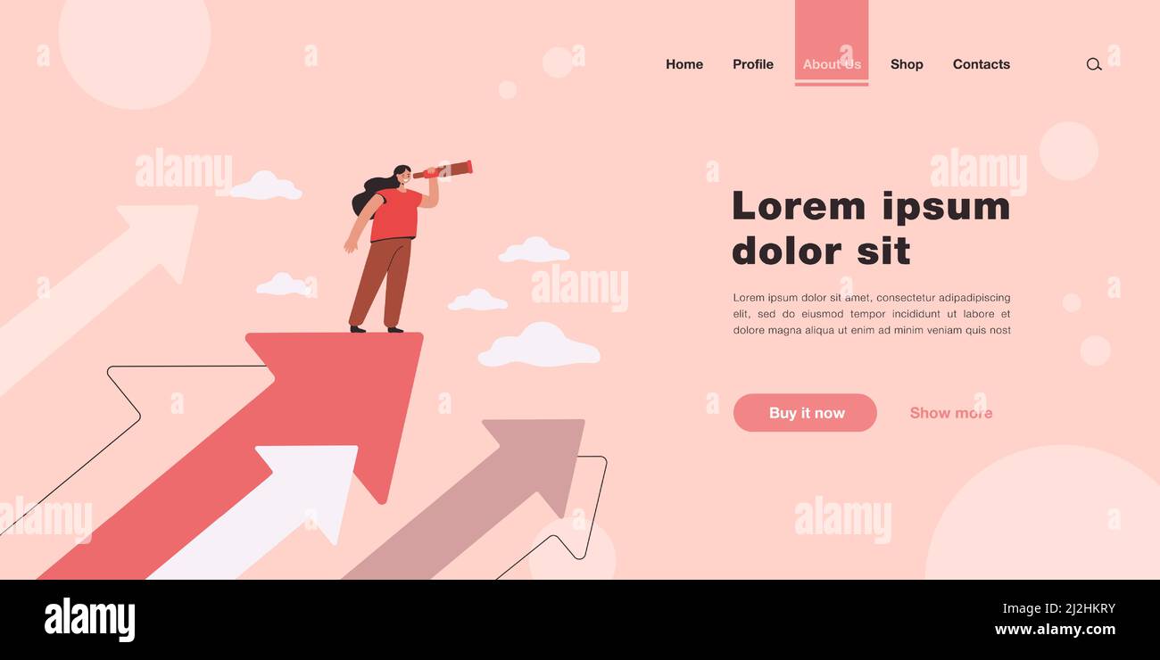 Tiny woman standing on arrow and looking for future plans for success ...