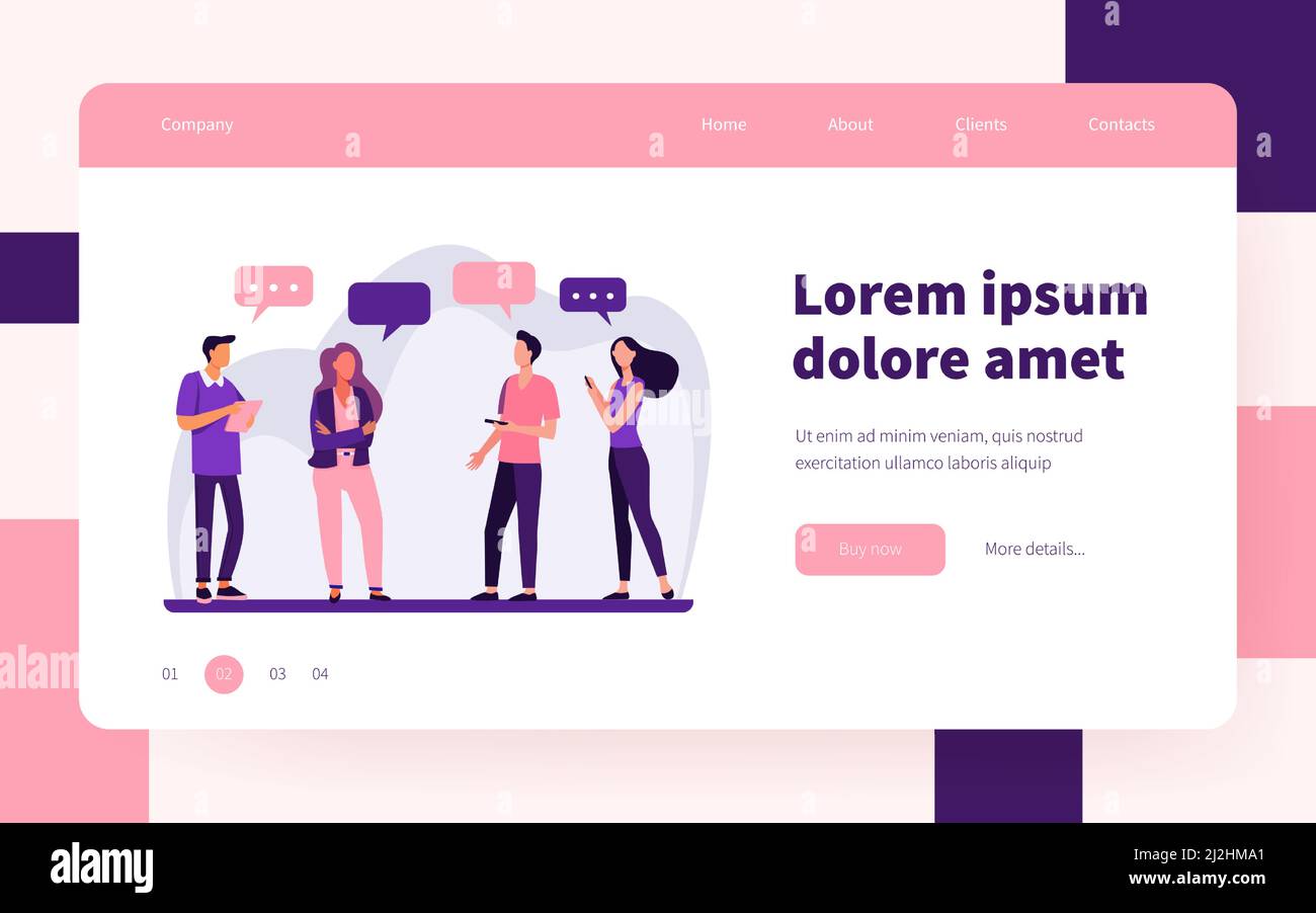 Young people standing and talking each other. Speech bubble, smartphone ...