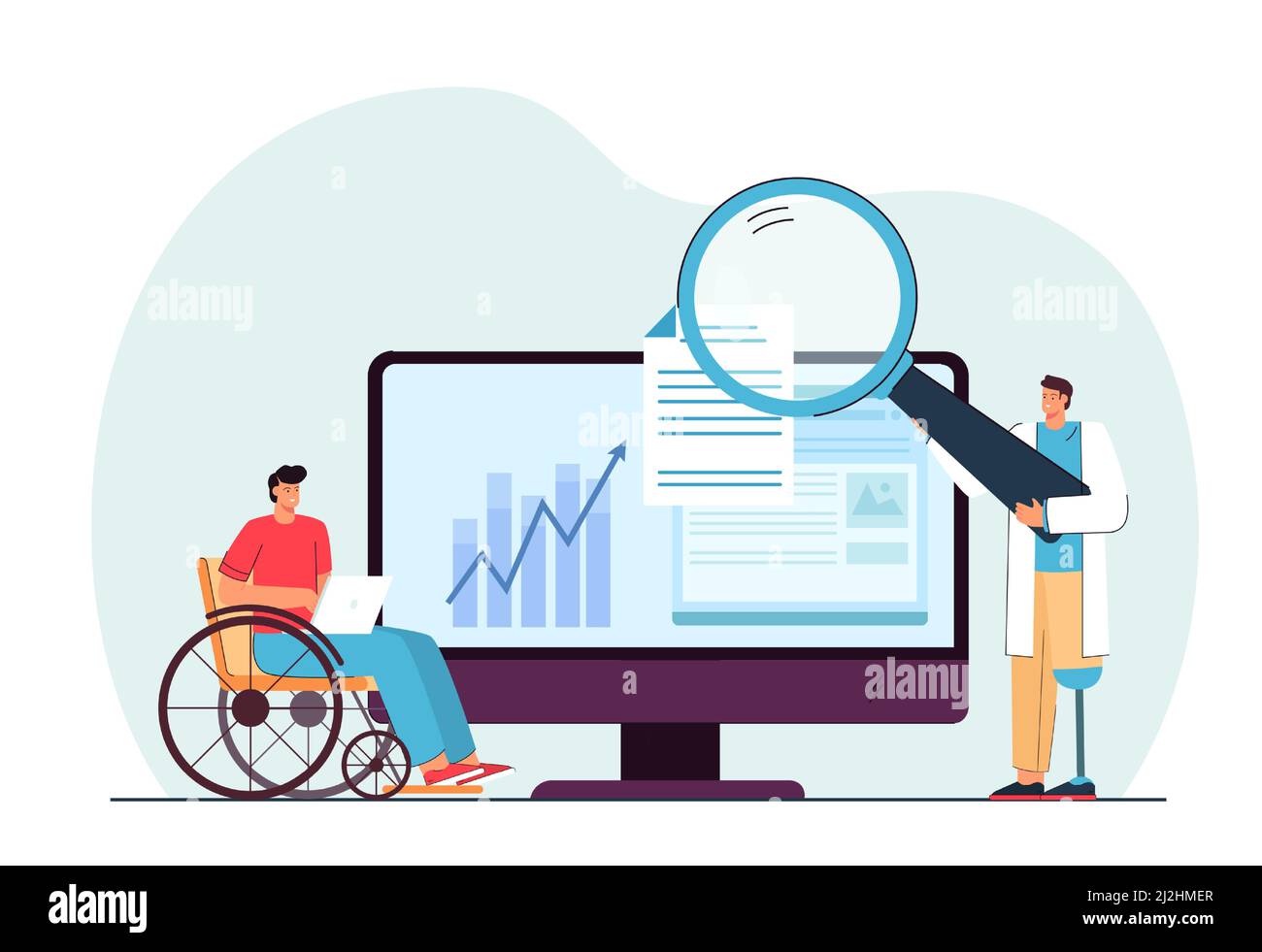 Disabled people working online flat vector illustration. Men with ...