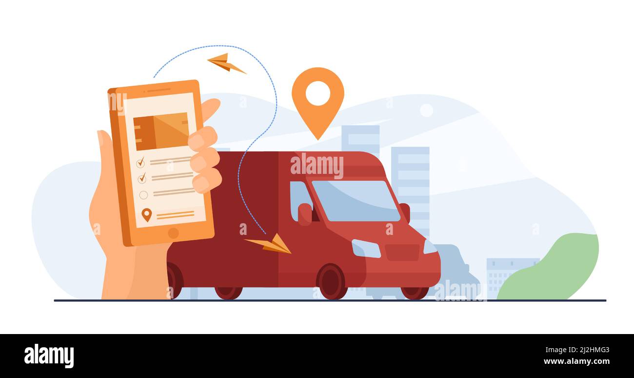 Customer using mobile app for tracking order delivery. Human hand with ...