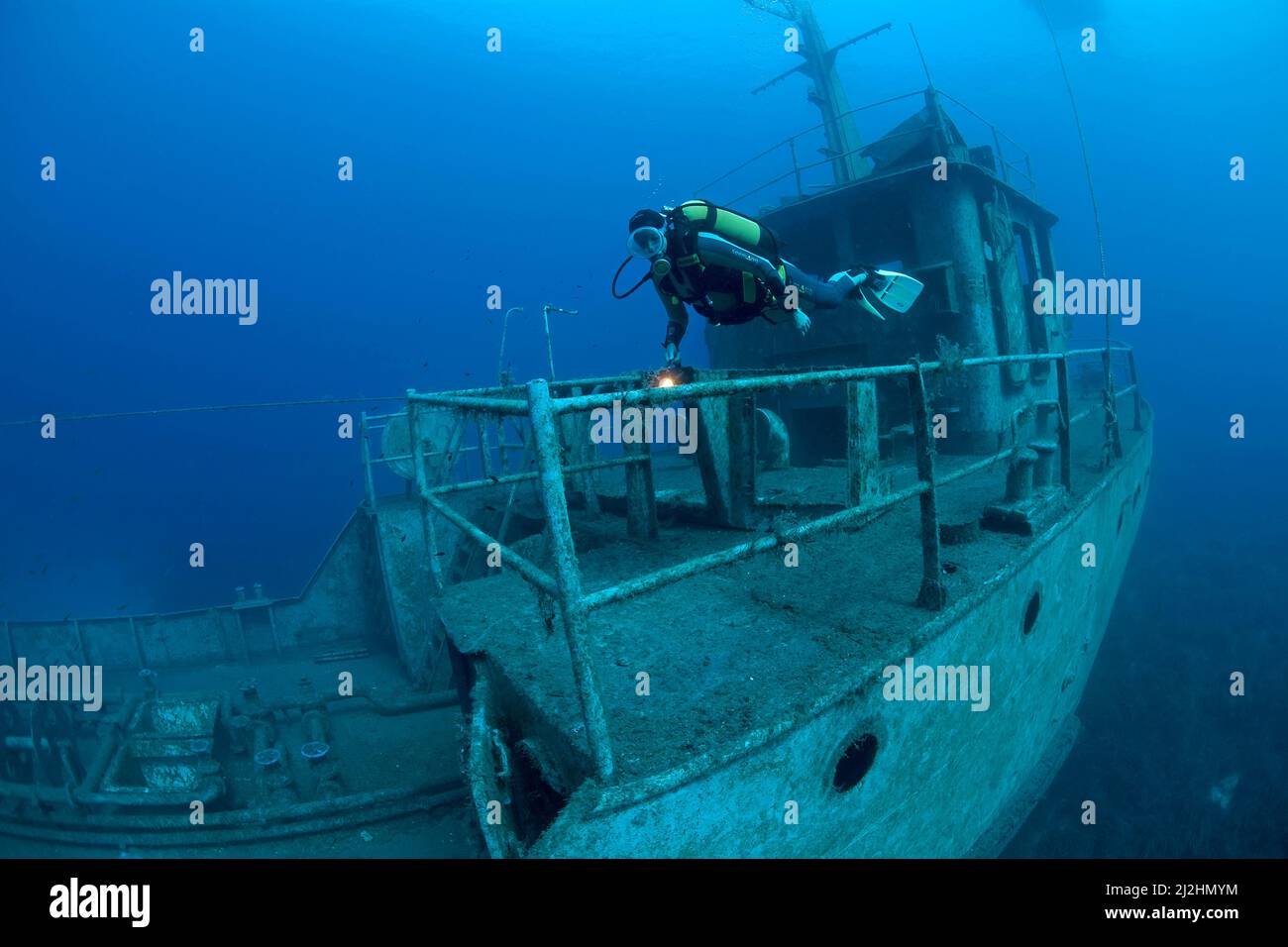 Scuba diver at shipwreck Navy ship Pinar I, TCGY111, Bodrum, Aegaeis ...