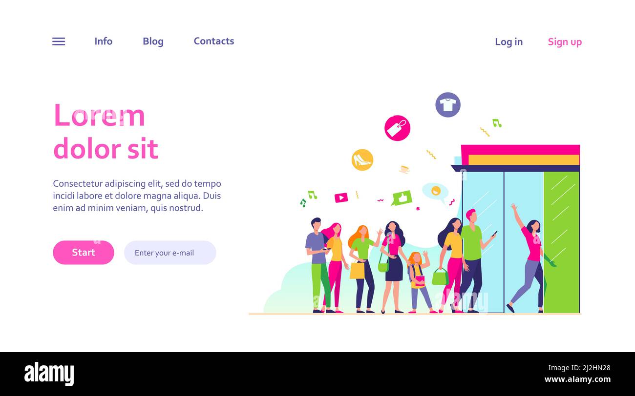 Queue of people standing at shop glass doors. Line of customers waiting ...