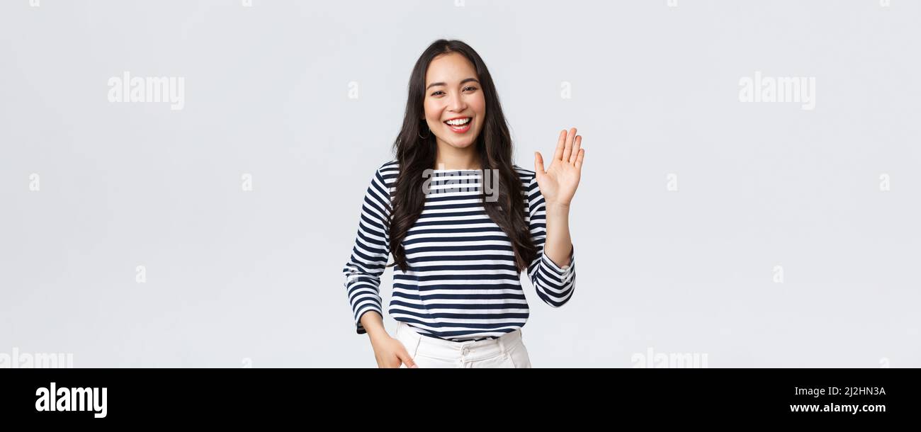 Lifestyle, people emotions and casual concept. Friendly cheerful asian ...