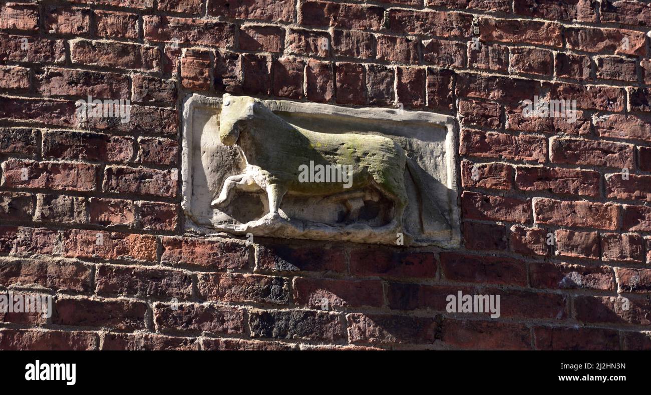 Bull Wynd, Darlington, showing one of the bull carvings set into the ...