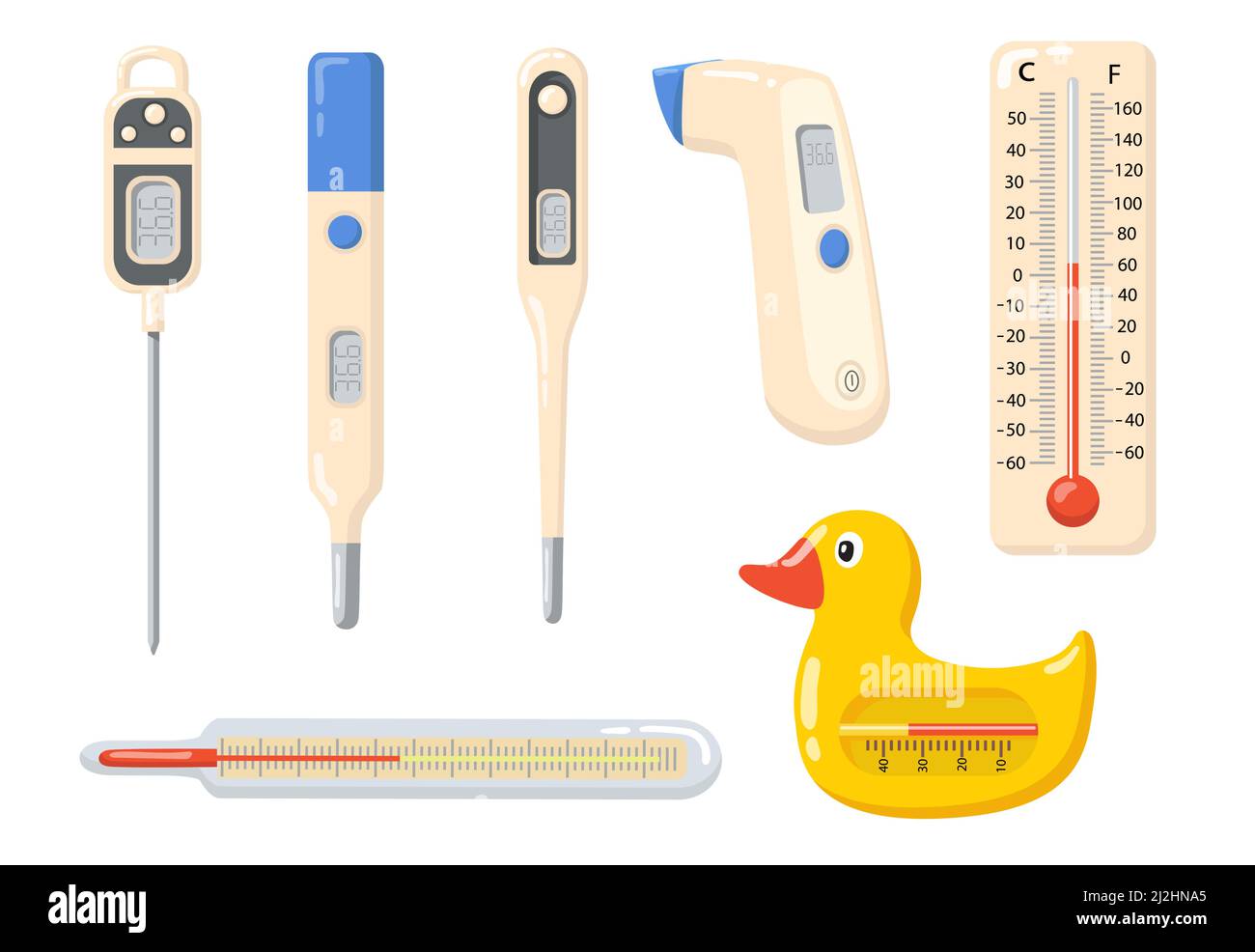 Various thermometers flat item set. Cartoon medical tool for high ...