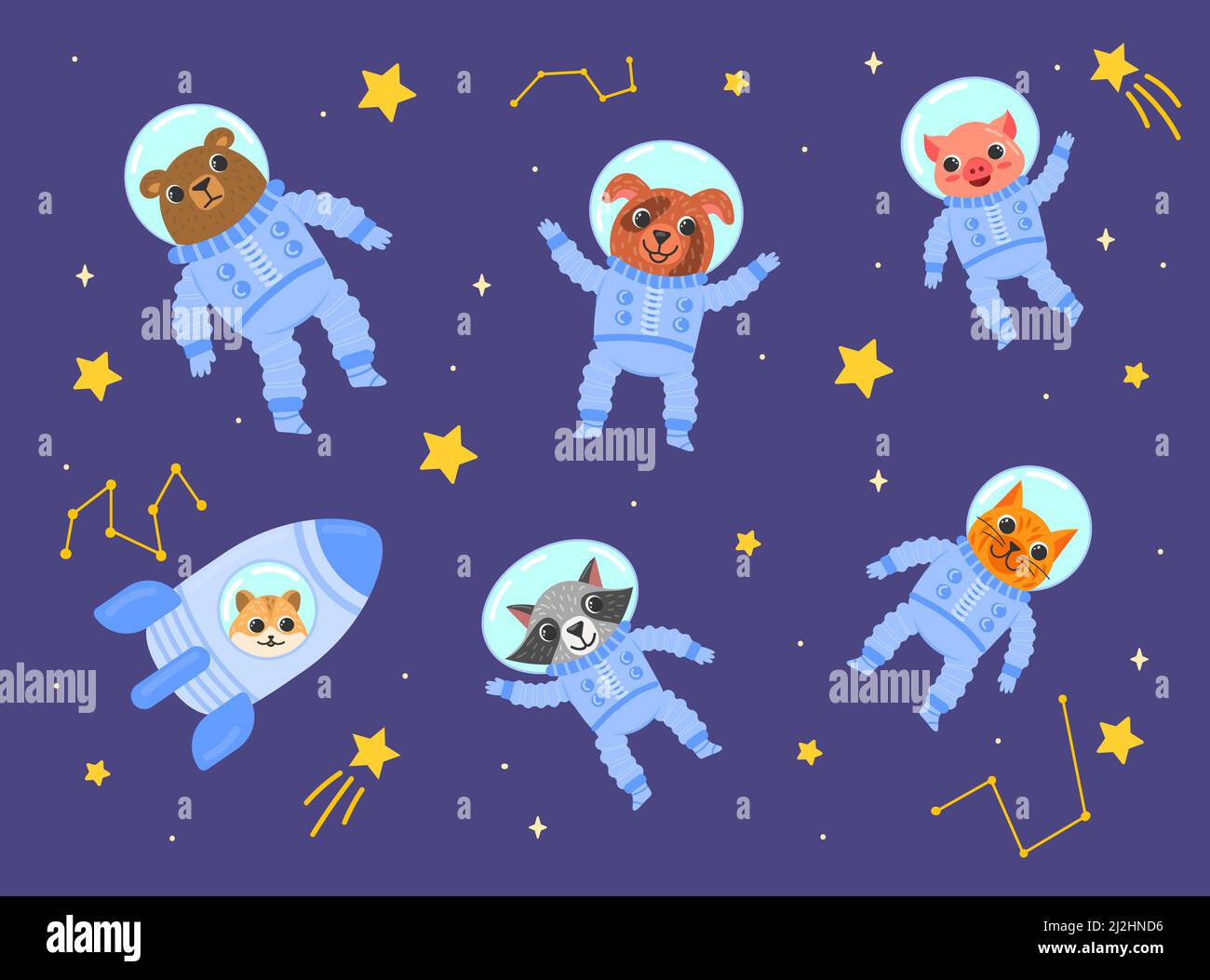 Baby animal astronauts cartoon vector illustration set. Cute bear, dog ...