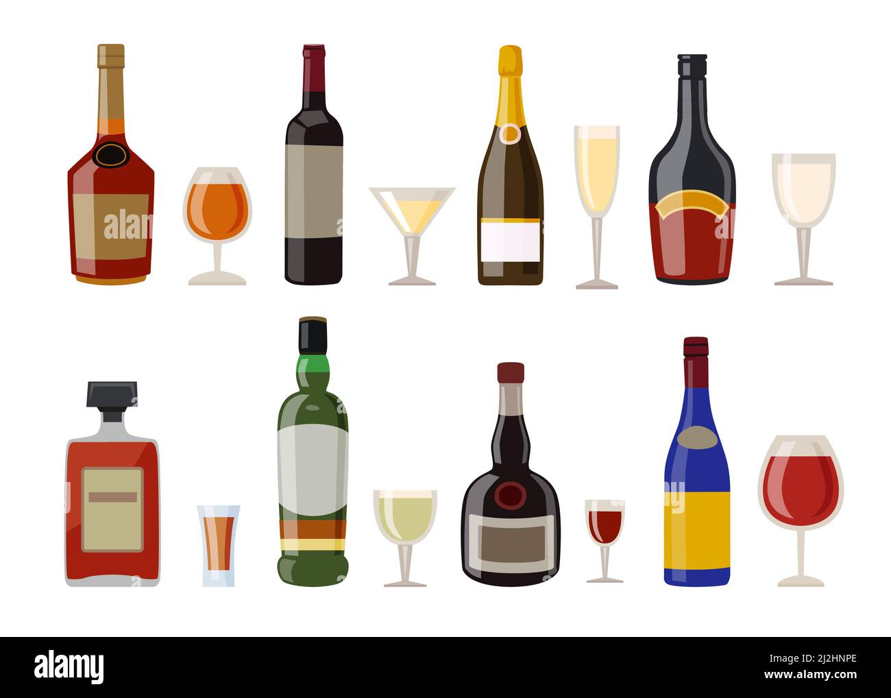 Alcoholic drinks and glasses vector illustrations set. Liquor bottles of different shapes with ...