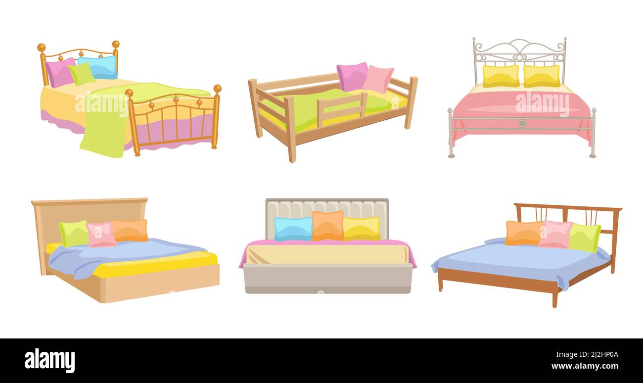 Beds with pillows, headboard and blankets set. Vector illustrations of ...