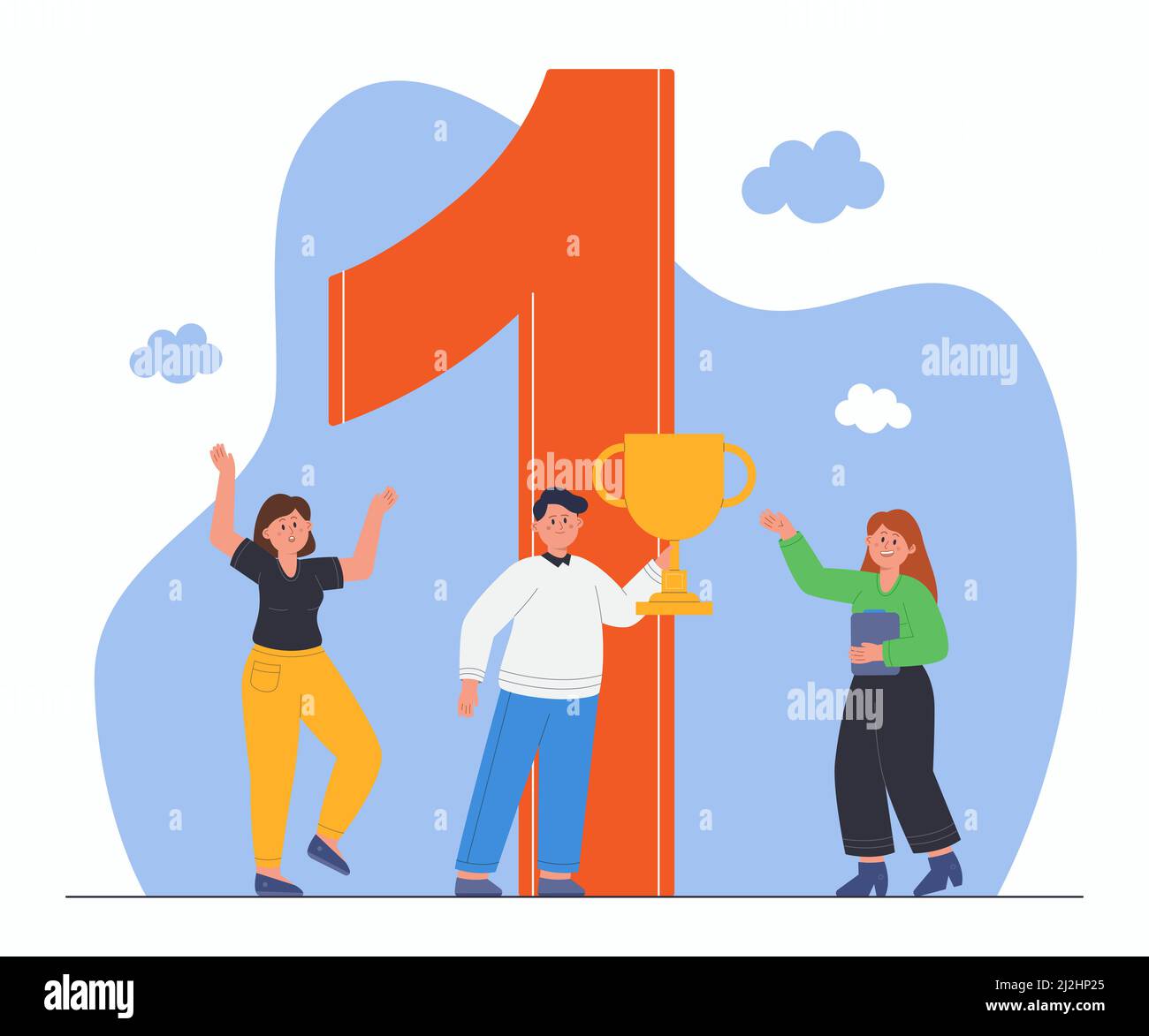 Business employee holding trophy for first place in competition. Award ...