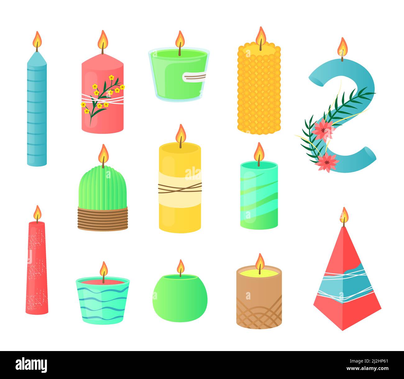 Burning candles with flowers and herbs in candlesticks. Candlelight ...