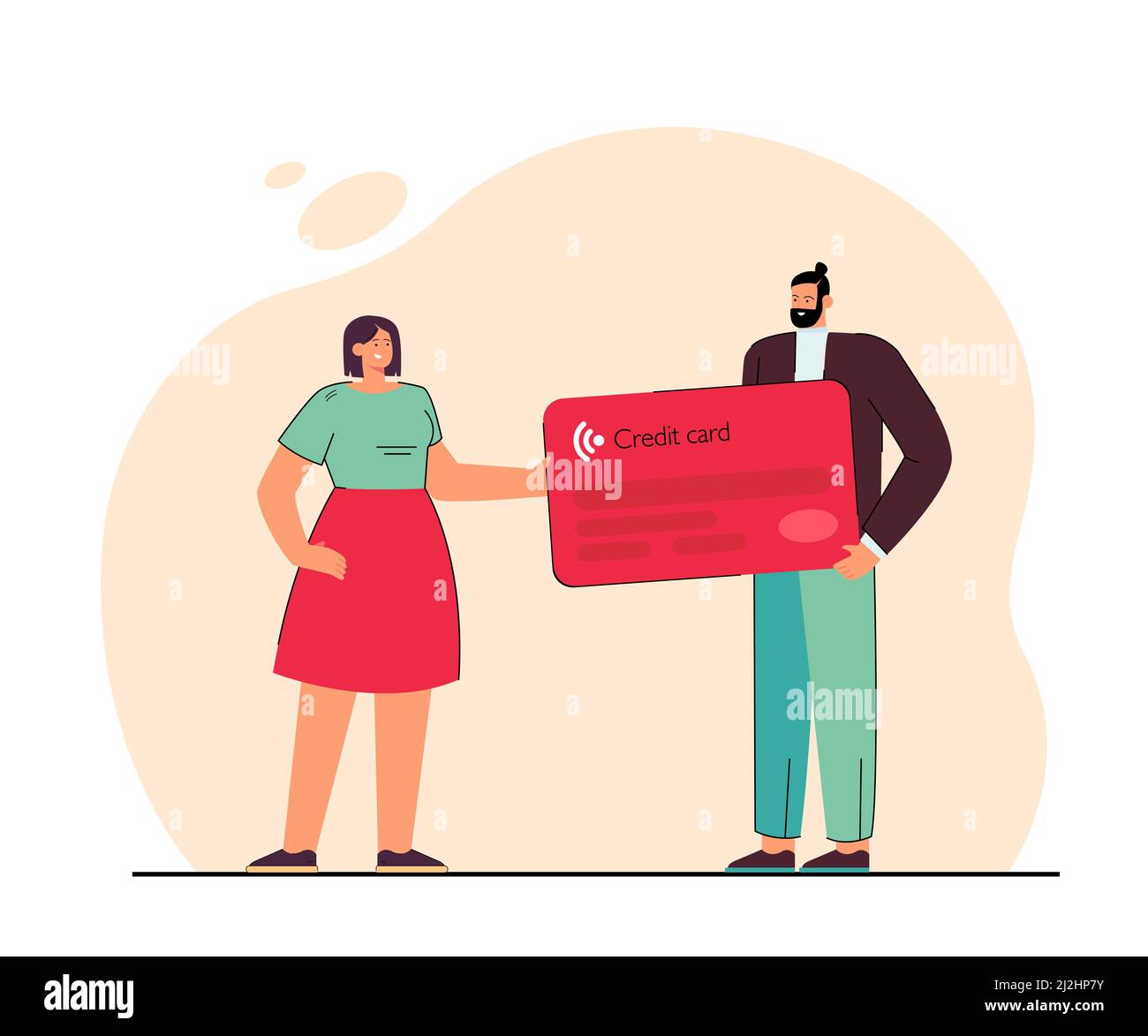 Cartoon couple holding huge credit card together. Woman giving card to ...
