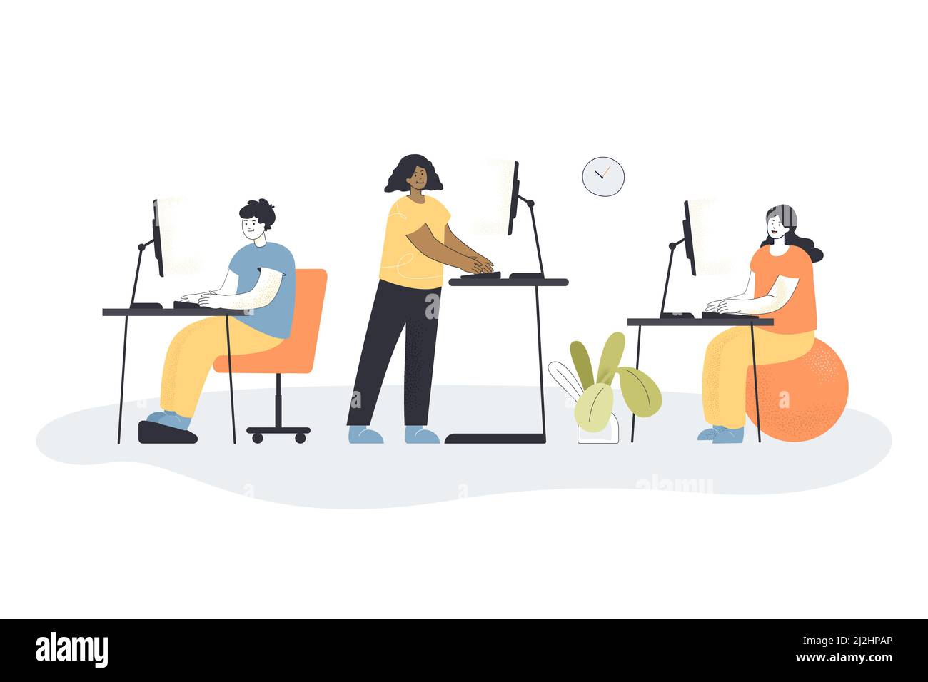 Smiling employees office desks Stock Vector Images - Alamy