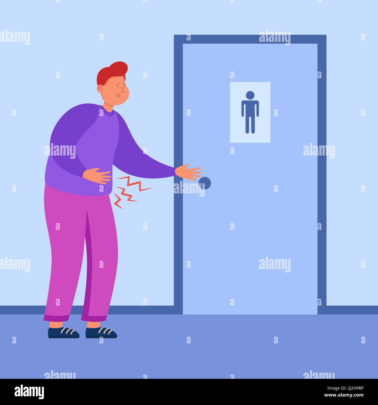 Cartoon man with stomachache standing in front of toilet door. Person ...