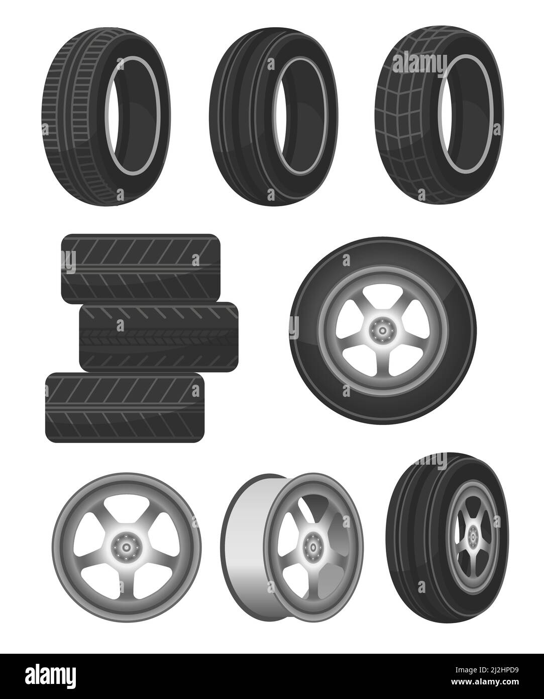 Car wheel, disk and tire set. Cartoon vector illustrations of rubber tires with different tread ...