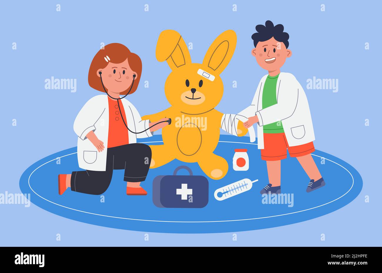 Cartoon children in doctor uniform playing with toy rabbit. Cute girl ...