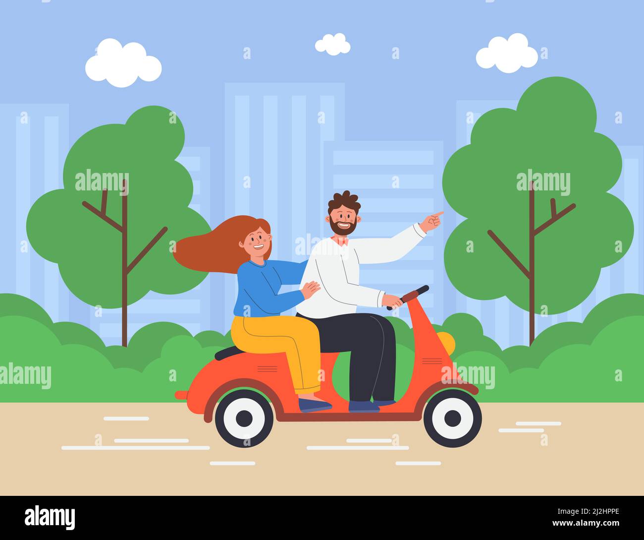 Cartoon happy man and woman riding motorbike in summer on forest ...