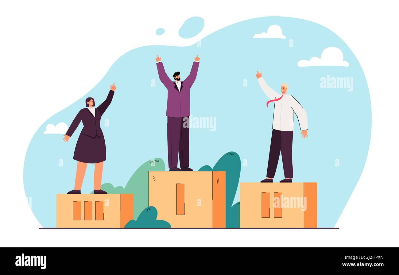 Cheerful business people standing on pedestals. Happy businessman or ...