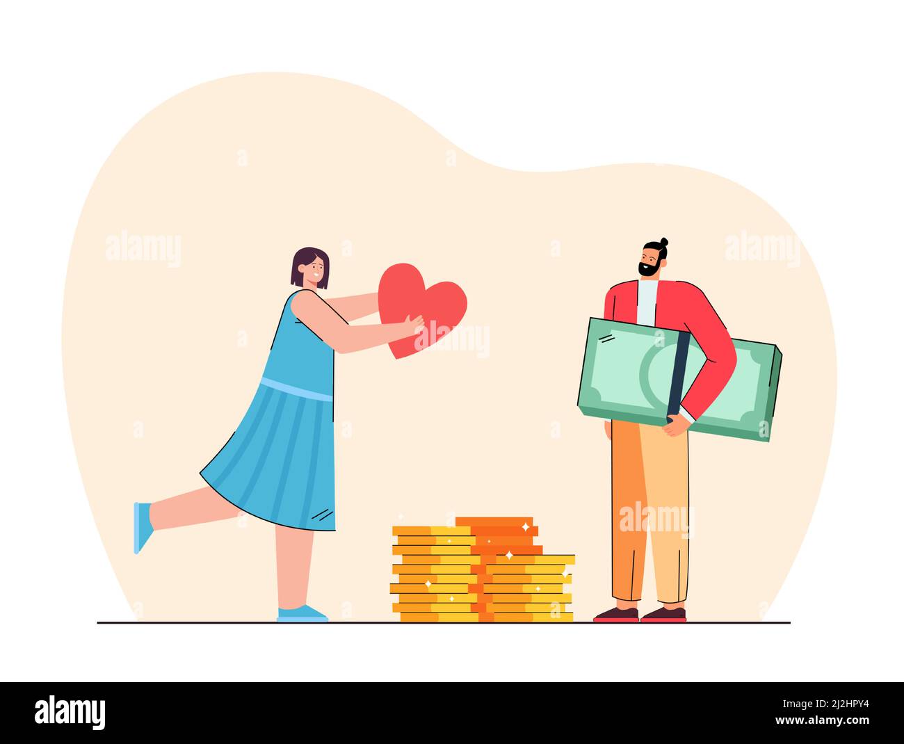 Girl giving love to rich man. Flat vector illustration. Tiny man ...