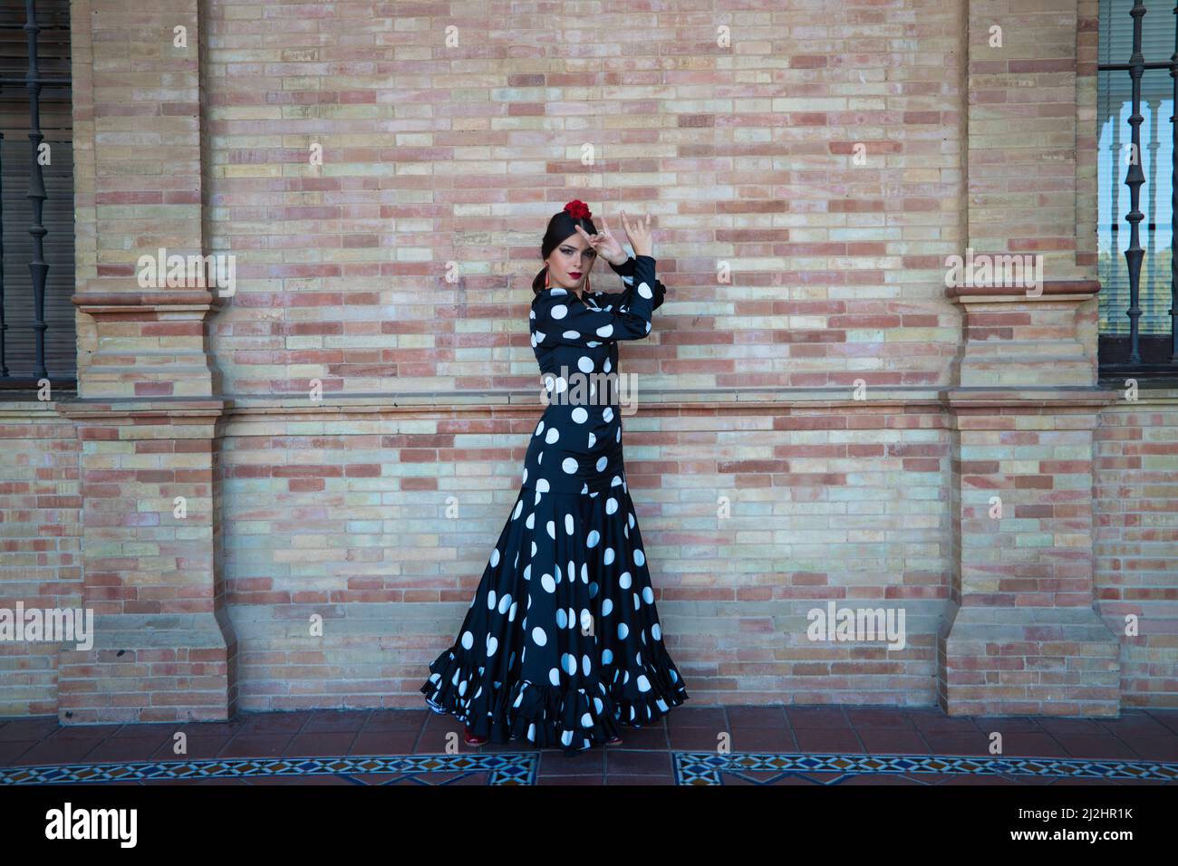 A Hispanic brunette flamenco dancer wearing a white polka dots dress ...