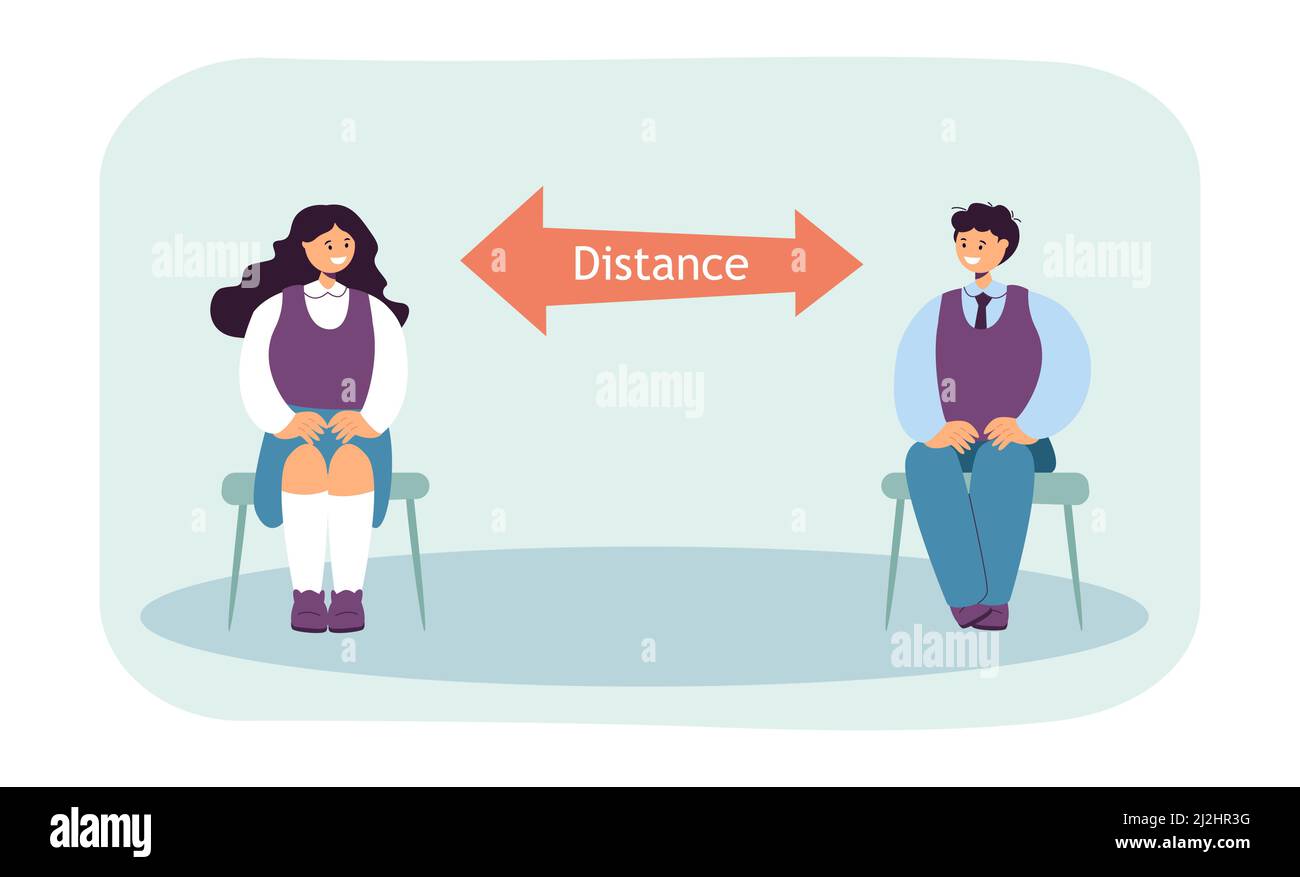 Children sitting on chairs at safe physical distance. Coronavirus ...