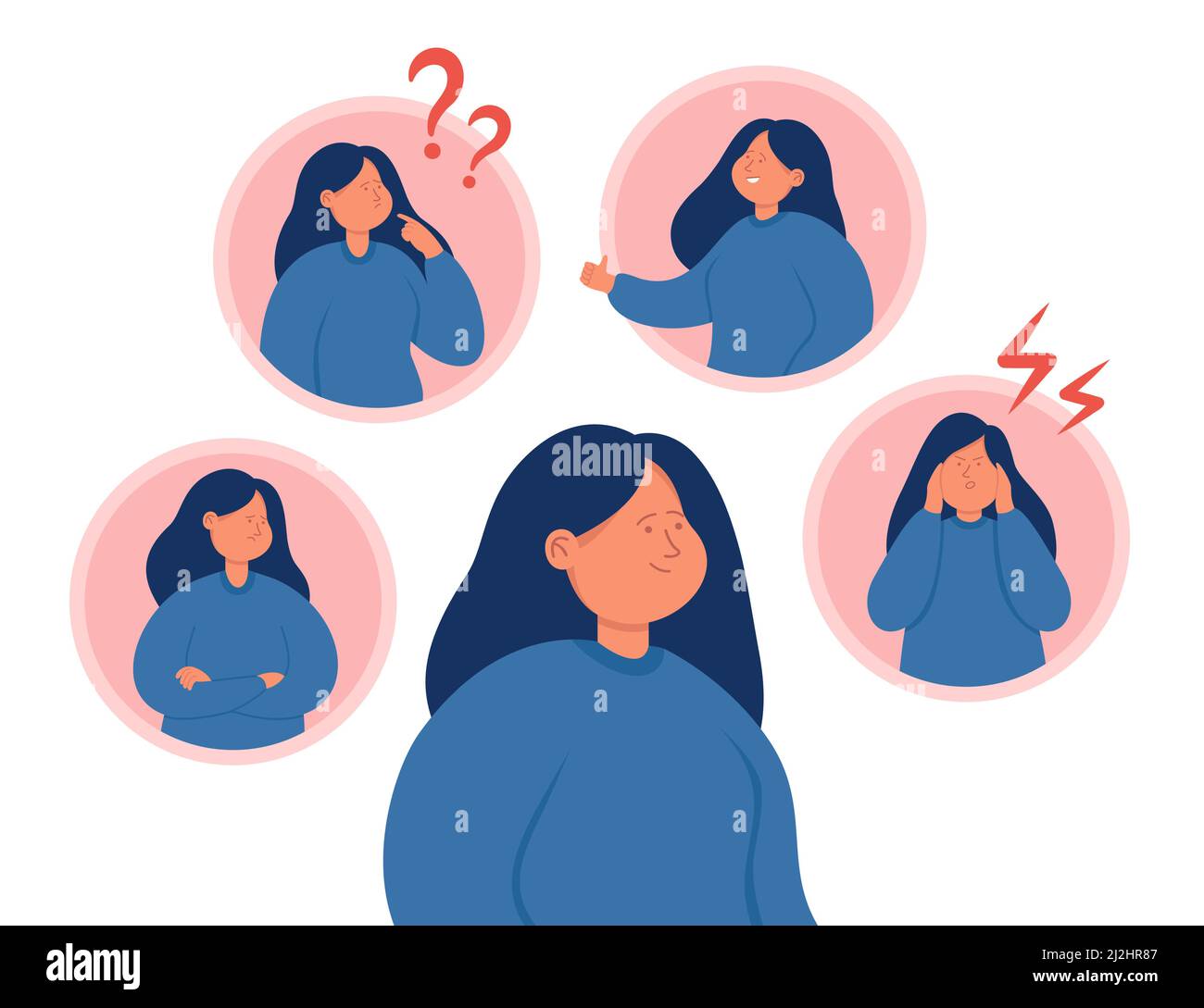 Different emotions and mood change of woman. Girl with negative and ...