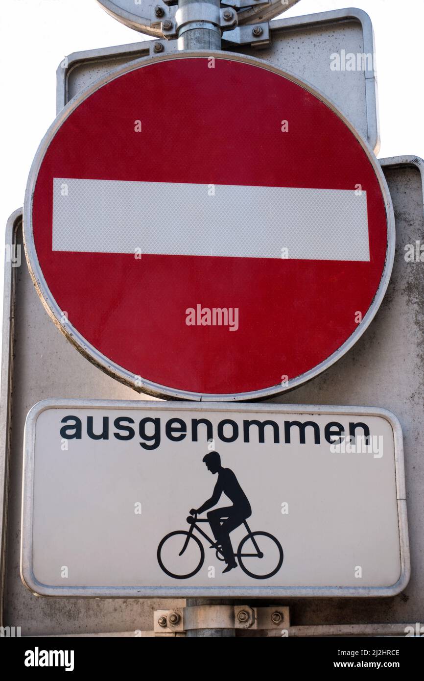 Close up of red no entry traffic sign with addition sign except in the ...