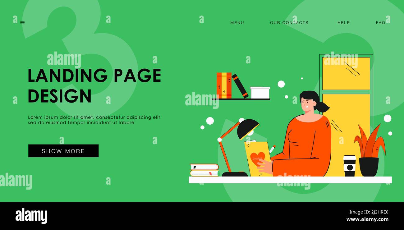 Cute girl writing in diary and sitting at desk flat vector illustration ...