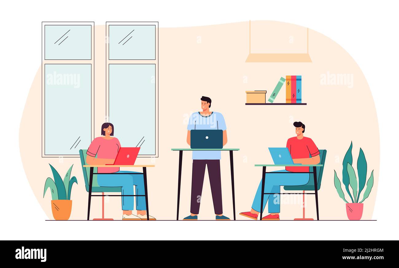 Employees sitting and standing at computer desks in office. Cartoon men ...
